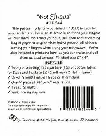 Hot Fingers Patterns Finished size 8in x 4in